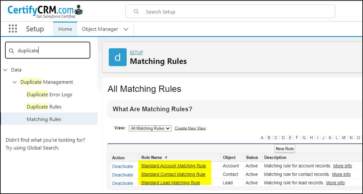Configuring Salesforce Duplicate Rules Certifycrm