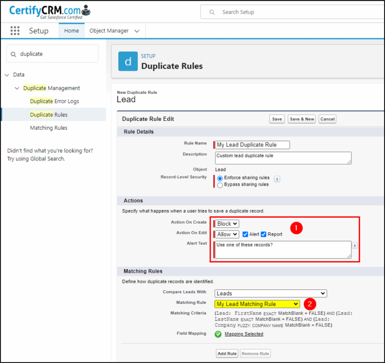 Configuring Salesforce Duplicate Rules Certifycrm